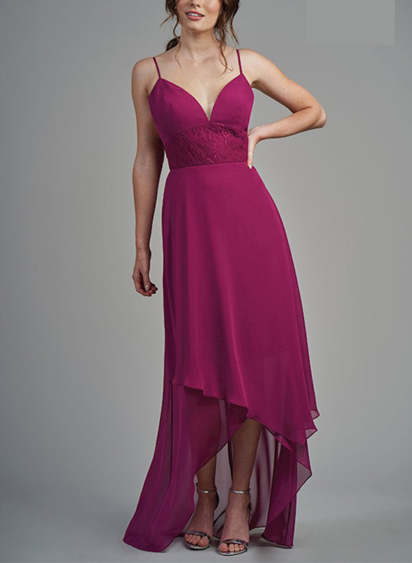 A Line V Neck Asymmetrical Chiffon Bridesmaid Dresses With Appliques L